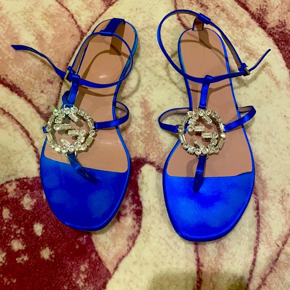 Gucci | Shoes | Blue Gucci Sandals With Rhinestone Gucci Emblem 7 2 ...